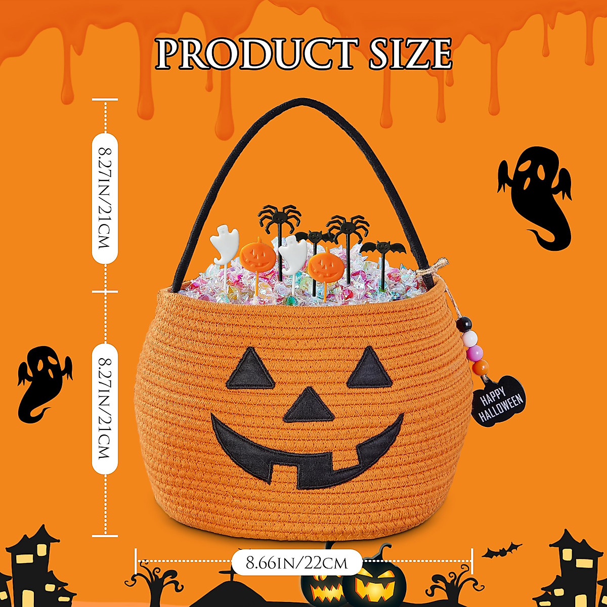 MELLBAY Halloween Basket, Halloween Trick or Treat Pumpkin Candy Bucket, Woven Personalized Halloween Baskets with Name Tag Pumpkin & White Pen for Kids Gift Basket