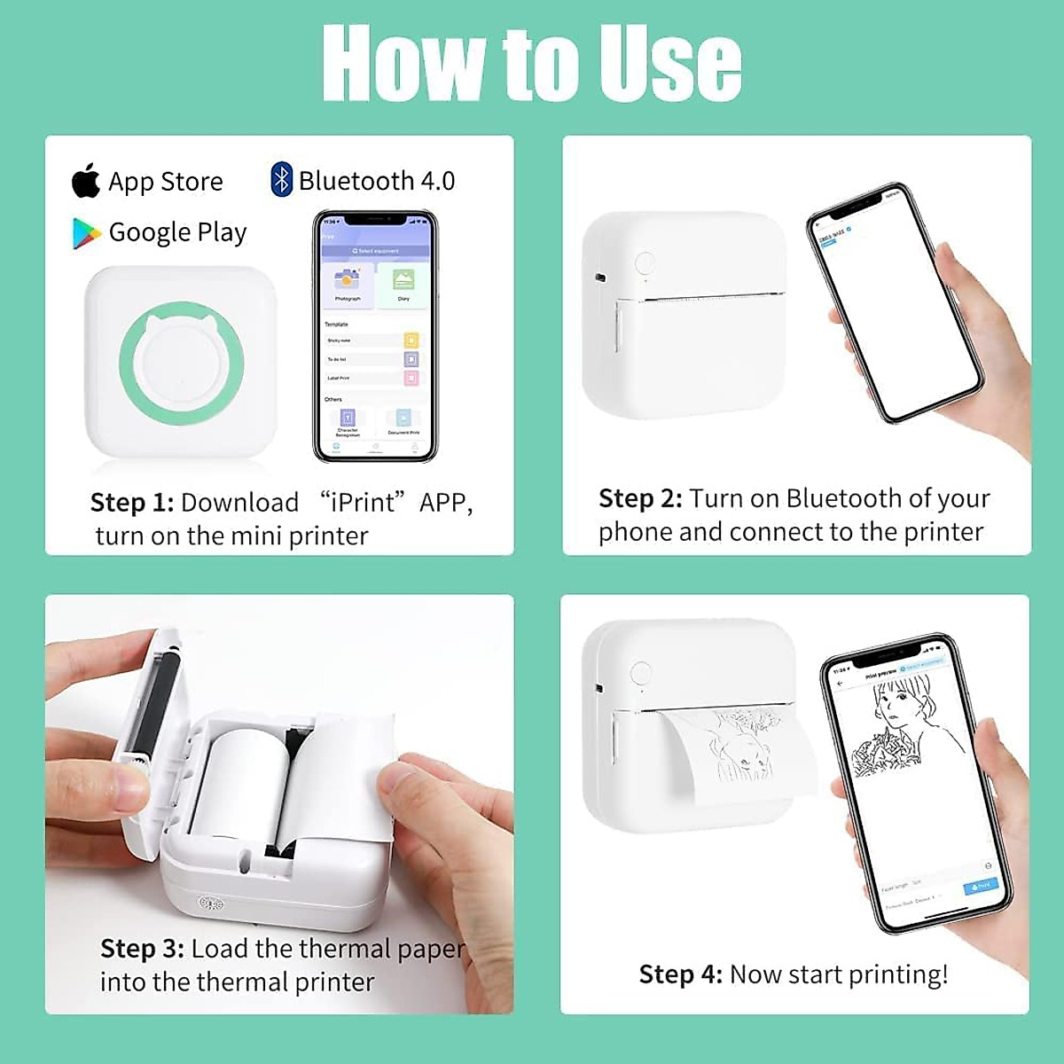 BIGFOX Mini Printer, Inkless Thermal Portable Printer Built-in 1200mAh Battery Wireless Bluetooth Photo Printer Sticker Maker Machine Label Receipt Printer Handheld Compatible with iOS/Android