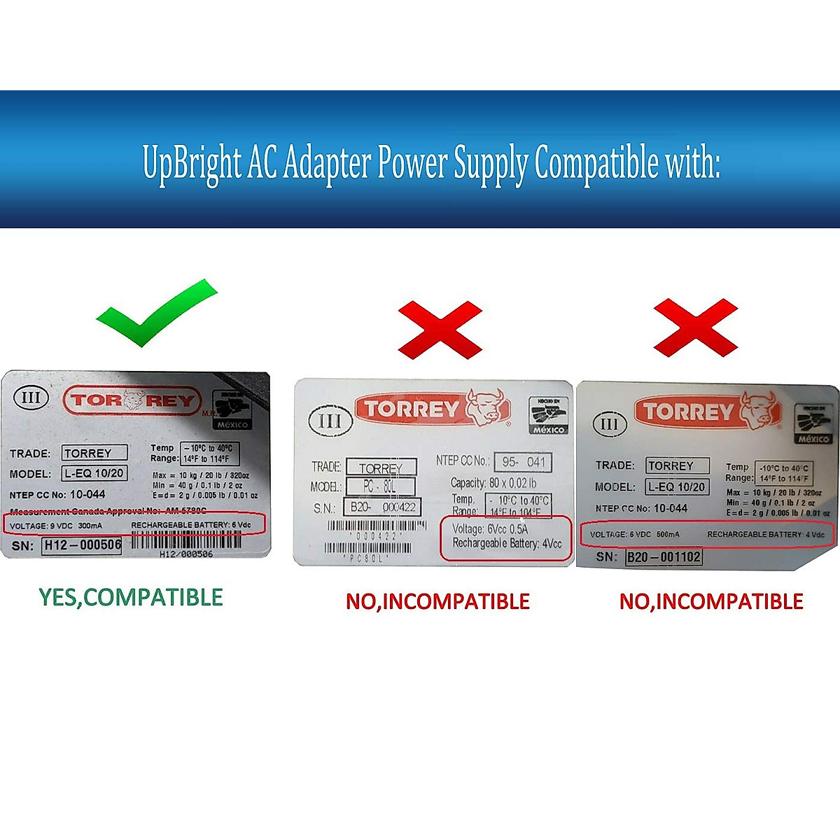 UpBright 9V AC Adapter Compatible with Torrey Tor Rey LPC-40L PC-40L PC-80L PC80L LEQ 5/10 L-EQ 10/20 LEQ5 LEQ10 PC L-PC SR EQB LEQ EQM WI Series Scale Balance 43237-2 9VDC 300mA Power Supply Charger