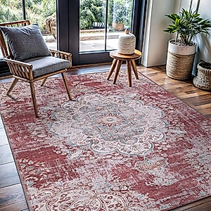 CAMILSON Printed Area Rugs with Ultra Thin Super Strong for Living Room Bedroom, Distressed Vintage Rug 5x7, Stain and Water Resistant, Bohemian Indoor Carpet (5 x 7, Rust Red)