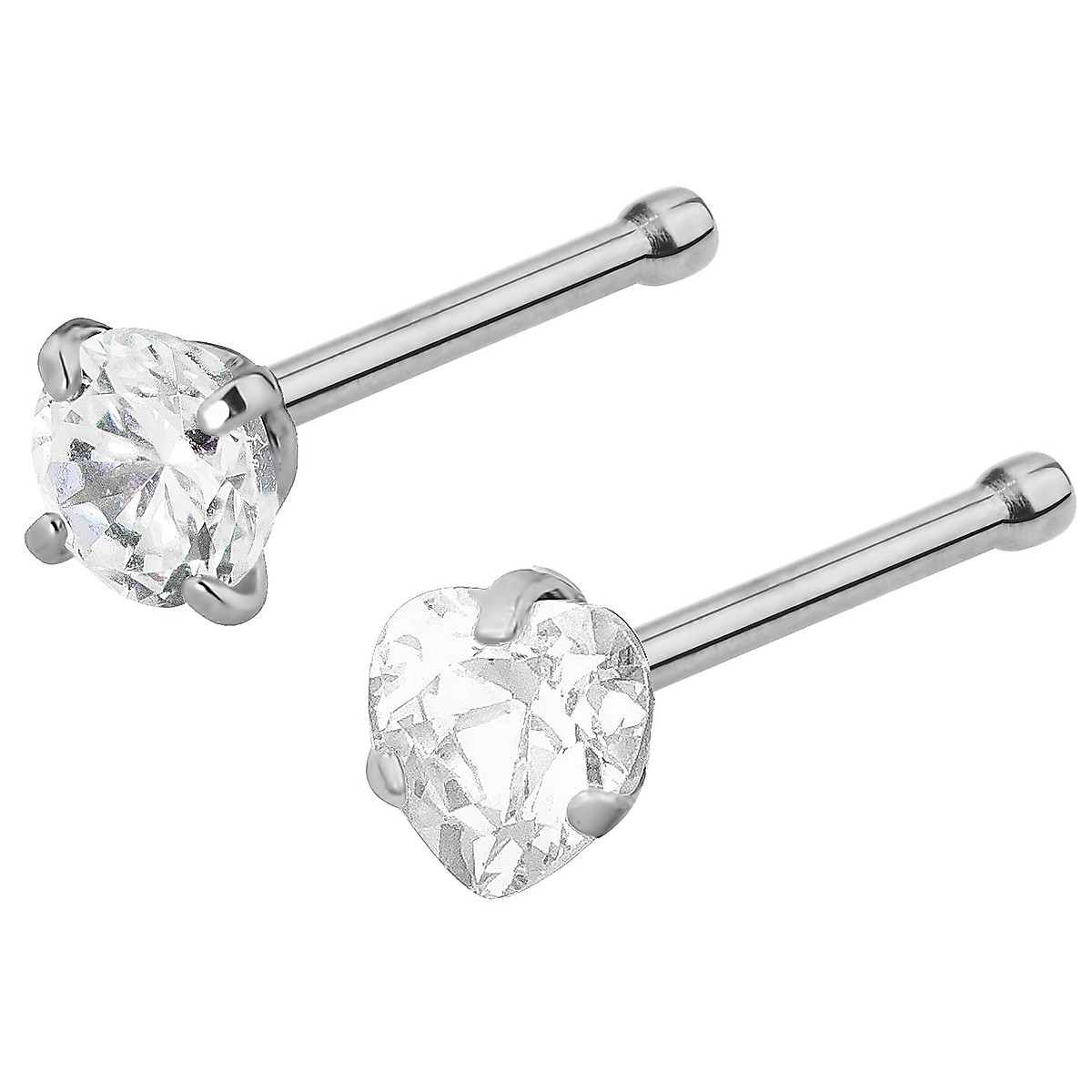 Forbidden Body Jewelry Set of 2 Straight Nose Studs: 20g Surgical Steel Round & Heart Shaped Clear CZ Crystal Nose Rings