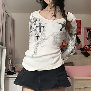 Grunge Clothes for Women Y2K Tops Long Sleeve Fairy Grunge Aesthetic Shirts Teen Girls Vintage Graphic Tees Fall (Aa- White, S)