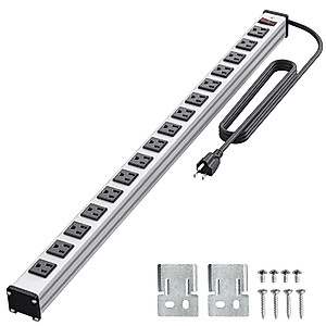 16 Outlet Power Strip, Heavy Duty Metal Power Strip with 10FT Extension Cord, Wall Mount Power Strip for Garage Workshop Warehouse Factory, ETL Certified, Silver
