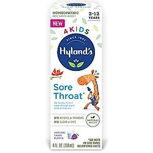 Hyland's Kids Sore Throat Relief for Children Ages 2+ Cold Medicine Natural Flavor, Grape, 4 Fl Oz