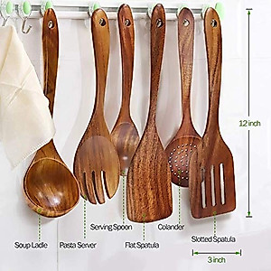 LMMDP Wooden Utensils Set of 6, Large Kitchen Cooking Utensil for Non Stick Cookware, Natural Teak Wood Spoons Spatula Ladle Colander