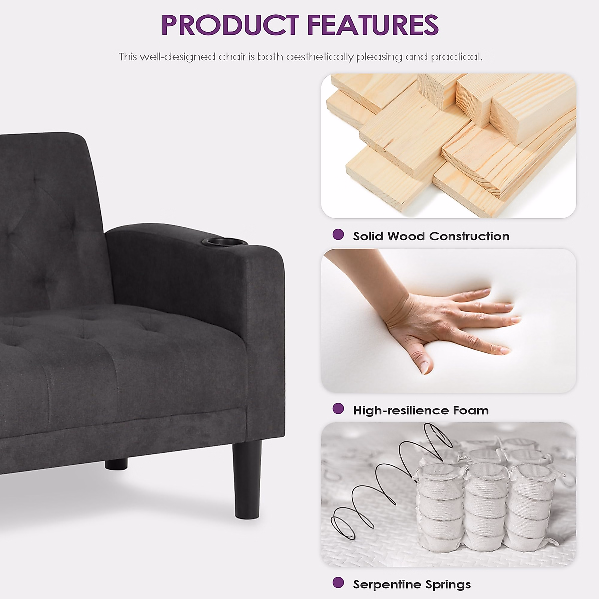 TYBOATLE 62" W Loveseat Sofa w/ 2 USB Charger Ports and 2 Cupholders, Mid-Century Modern Tufted Linen Fabric Small Love Seat Couches for Compact Living Room, Bedroom, Apartment, Dorm (1, Dark Grey)