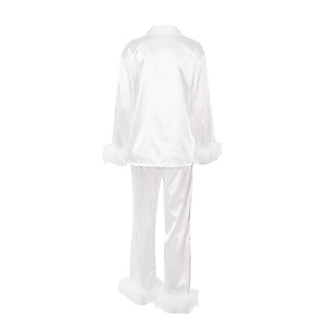 ZZEVOLSS Womens Silk Satin Pajamas Feather Trim Nightwear Long Feather Sleeve Button Down Pjs Set Fur Trim Pants Set(Lapel Collar-white,Small)