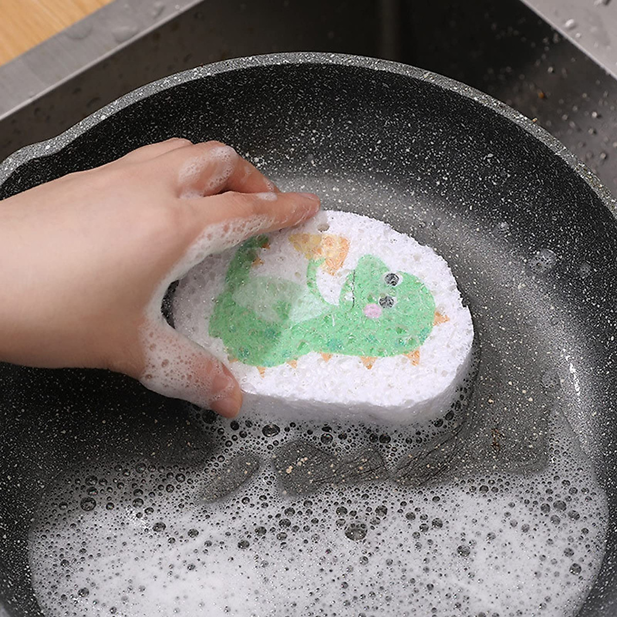 PMUYBHF 5-Pack Cute Sponges, Reusable Kitchen Sponge, Cartoon Compressed Wood Pulp Cleaning Sponges Absorbs Water and Becomes Large Dishcloth Brushing Cotton