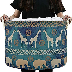 visesunny African Tribal Ethnic Elephant And Deer Collapsible Large Capacity Basket Storage Bin with Durable Cotton Handles, Home Organizer Solution for Office, Bedroom, Closet, Toys, Laundry