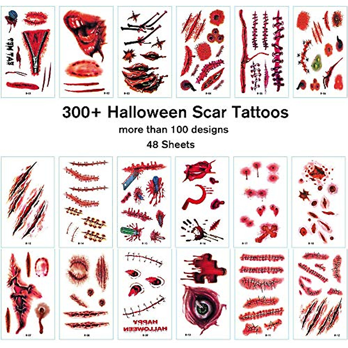 300+ Pieces Halloween Scar Tattoos Temporary for Costume Cosplay Props/Accessories - Vampire Zombie Party Supplies Decorations Realistic Bloody Fake Injury Wound Body Sticker Tattoo(48 Sheets)