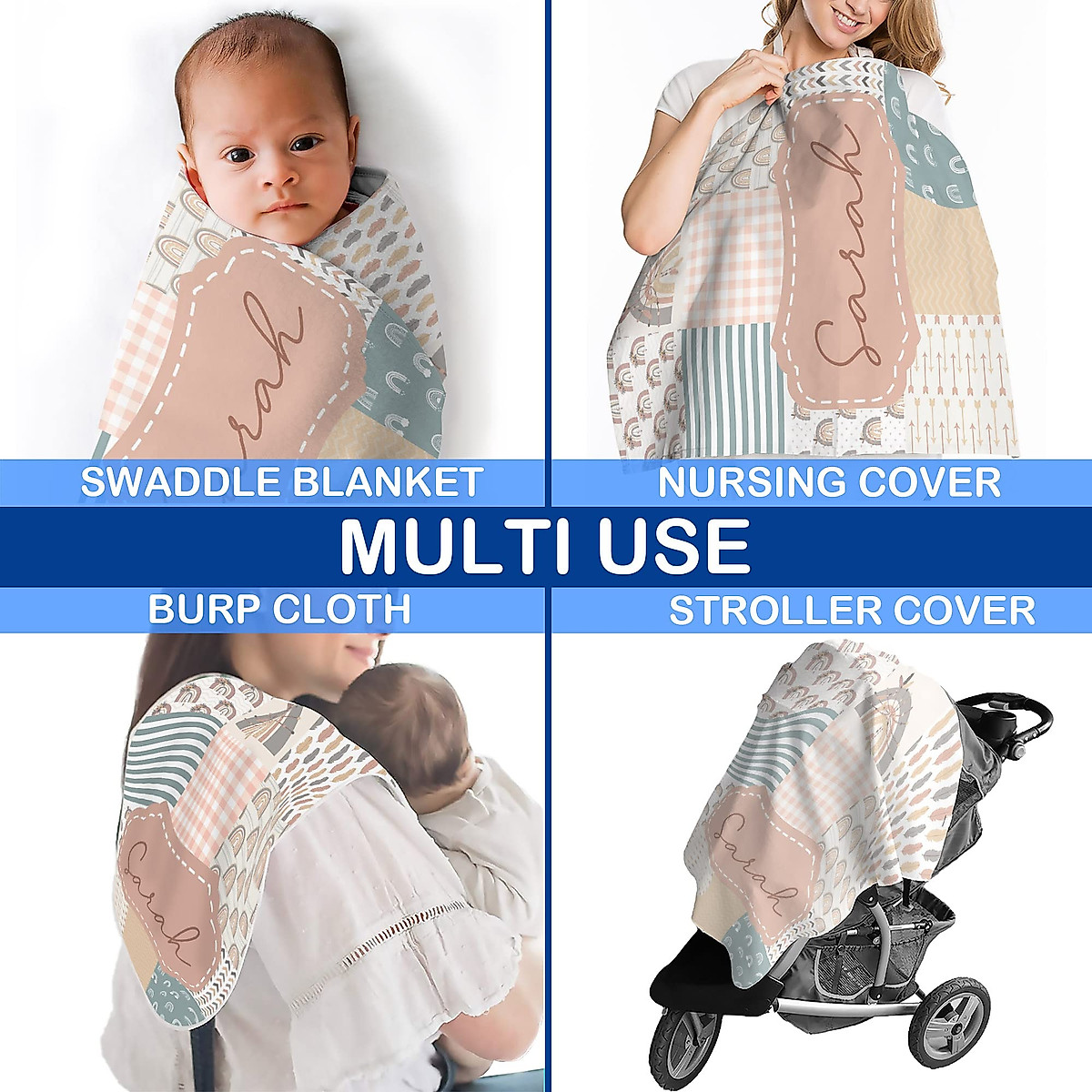 Voz Personalized Baby Blankets with Name, Customized Baby Blankets for Girls- Boho Rainbow Baby Blanket, Best Gift for Baby, Mom, born, 30 x 40 inch, Super Soft Plush Fleece (R2)