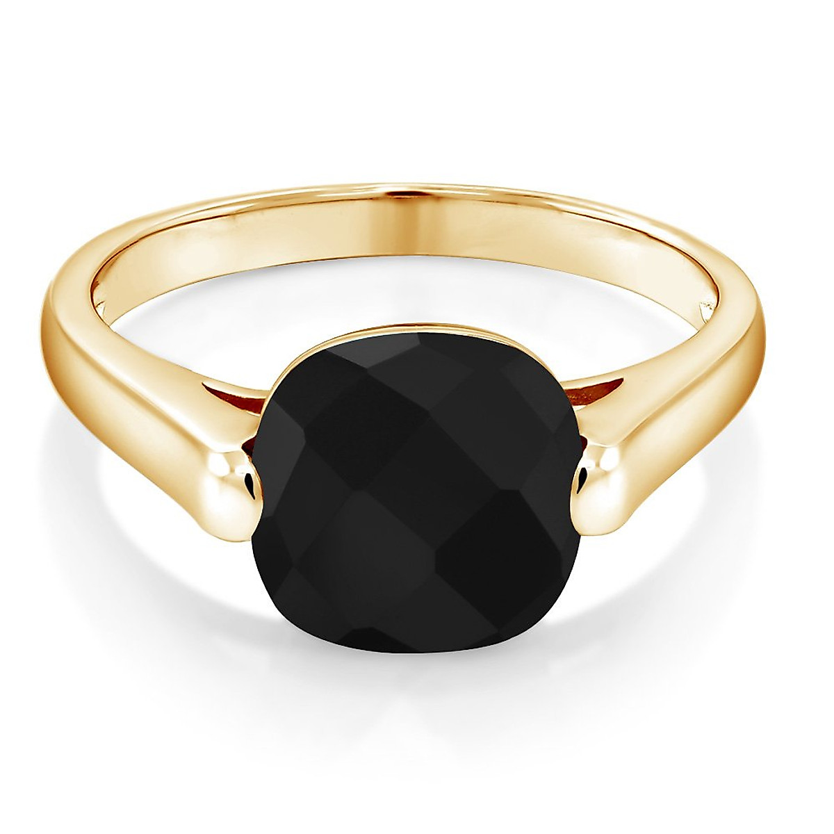 Gem Stone King 18K Yellow Gold Plated Silver Black Onyx Ring For Women (3.60 Cttw, Cushion Checkerboard 10MM, Gemstone Birthstone, Available In Size 5, 6, 7, 8, 9)