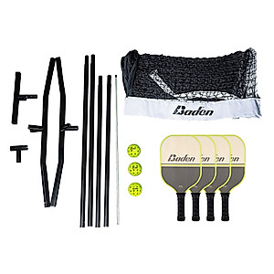 Baden Champions Portable Outdoor Official Size Pickleball Net Set - 22 ft Net, 3 Balls, 4 Wood Paddles & Carrying Case, Grey/Neon Yellow