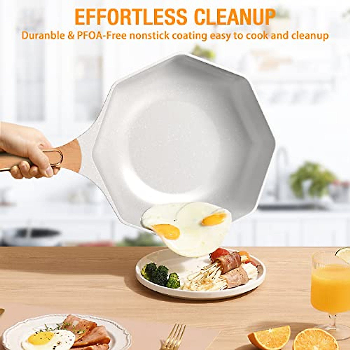 ITSMILLERS Ceramic Nonstick Octagonal Wok 12.5 inch Die-cast Induction Woks and Stir Fry Pans with Glass Lid PFOA Free (Cream White)