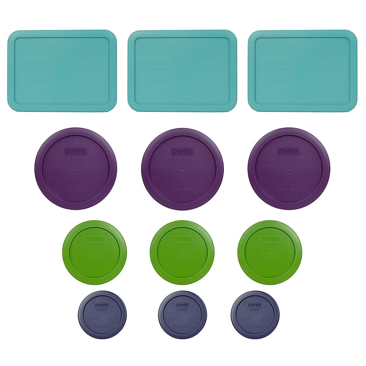 Pyrex Bundle - 12 Items: (3) 7210-PC 3-Cup Turquoise Lids, (3) 7201-PC 4-Cup Purple Lids, (3) 7200-PC 2-Cup Lawn Green Lids, (3) 7202-PC 1-Cup Dark Blue Lids Made in the USA