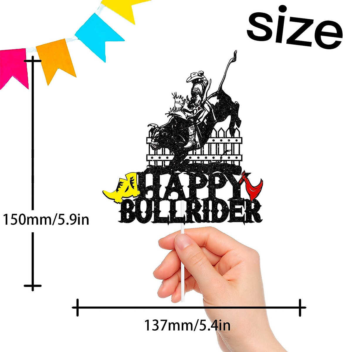 Happy Cake Topper Cow Black Glitter Country Western Bull Riding Competition Theme Decorations Cowboy Boy Man Birthday Party Decor Supplies