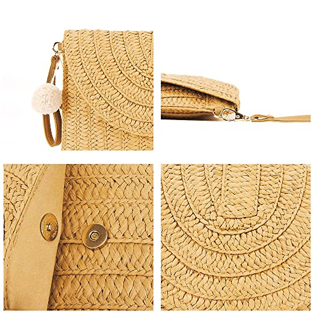 Straw Shoulder Bag Straw Clutch Straw Crossbody Bag Handmade Straw Beach Bag for Women Envelope Purse Wallet with Hand-woven Pompom (Light Brown)