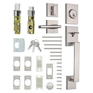 Nuk3y Haven Modern Handleset Front Door Entry Handle and Deadbolt with Reversible Inside Lever Trim (Square Hulk Lever Trim, Satin Nickel)