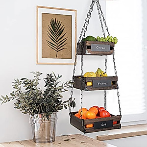 J JACKCUBE DESIGN 3-Tier Rustic Wood Hanging Fruit Basket, Kitchen Fruit, Vegetable Storage Organizer, Countertop Space Saver- Heavy Duty Metal Hooks- MK1008A