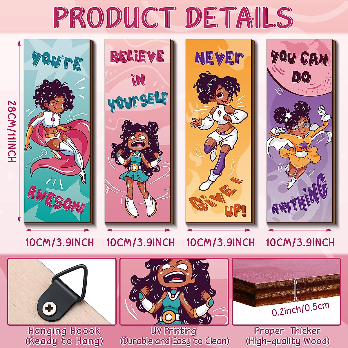 Set of 4 Black Girl Wall Art Decor Motivational Girl Room Wall Art Inspirational Teen Girl Bedroom Decor Wooden Toddler Girl Room Decor Rustic Hanging Toddler Wall Decor for Kids Nursery Signs