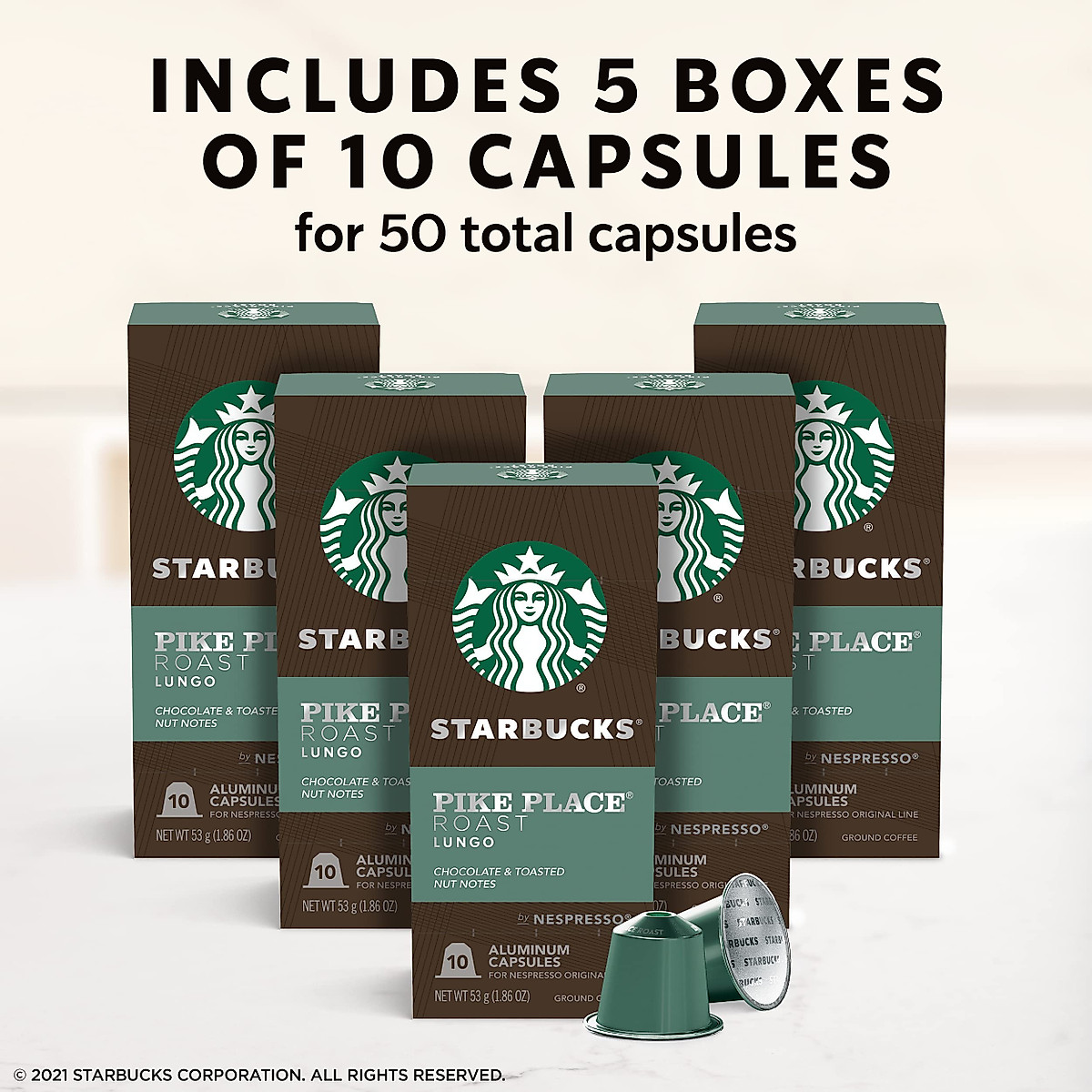 Starbucks by Nespresso Medium Roast Pike Place Roast Coffee (50-count single serve capsules, compatible with Nespresso Original Line System)