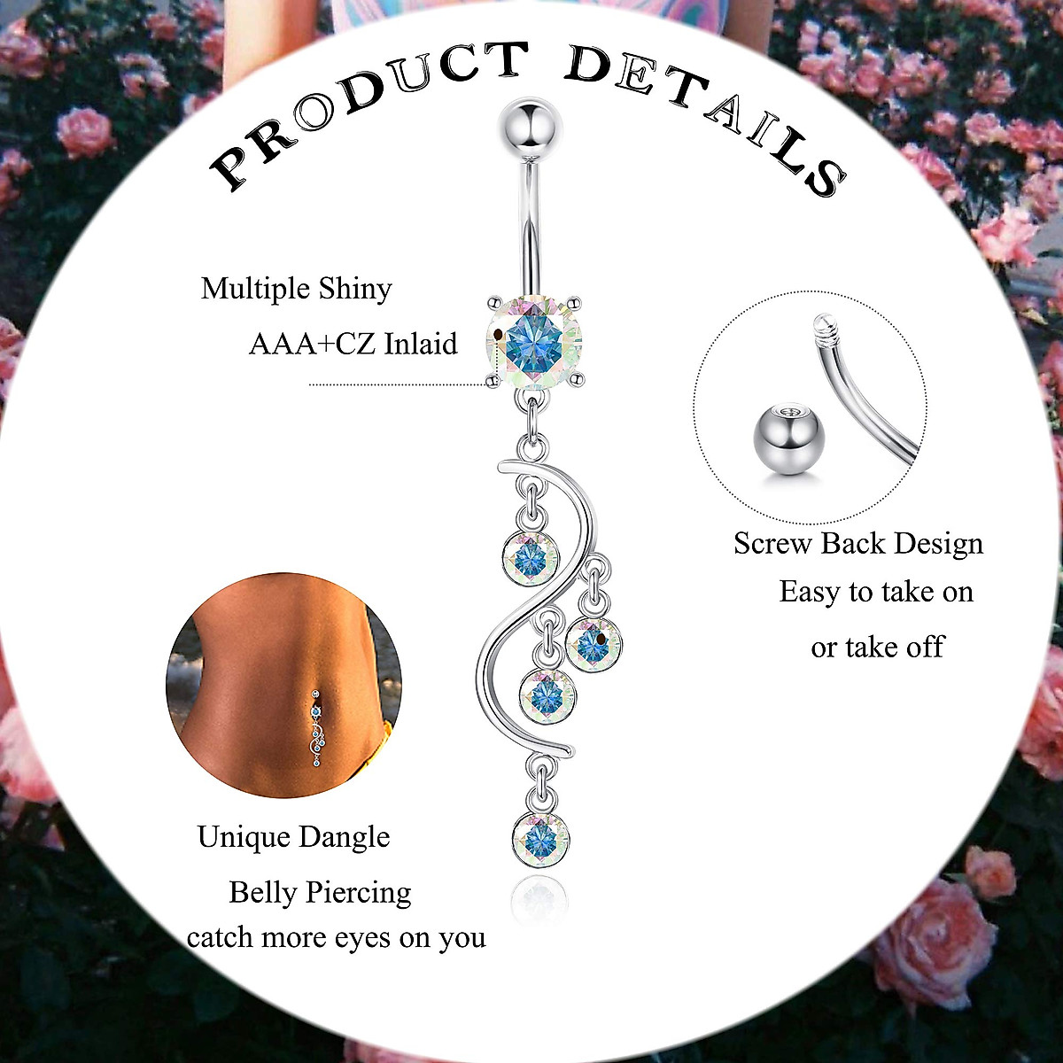 Drperfect 6PCS 14G Dangle Belly Button Rings Rose Gold Silver Plated 316L Stainless Steel Belly Button Piercing Jewelry for Women