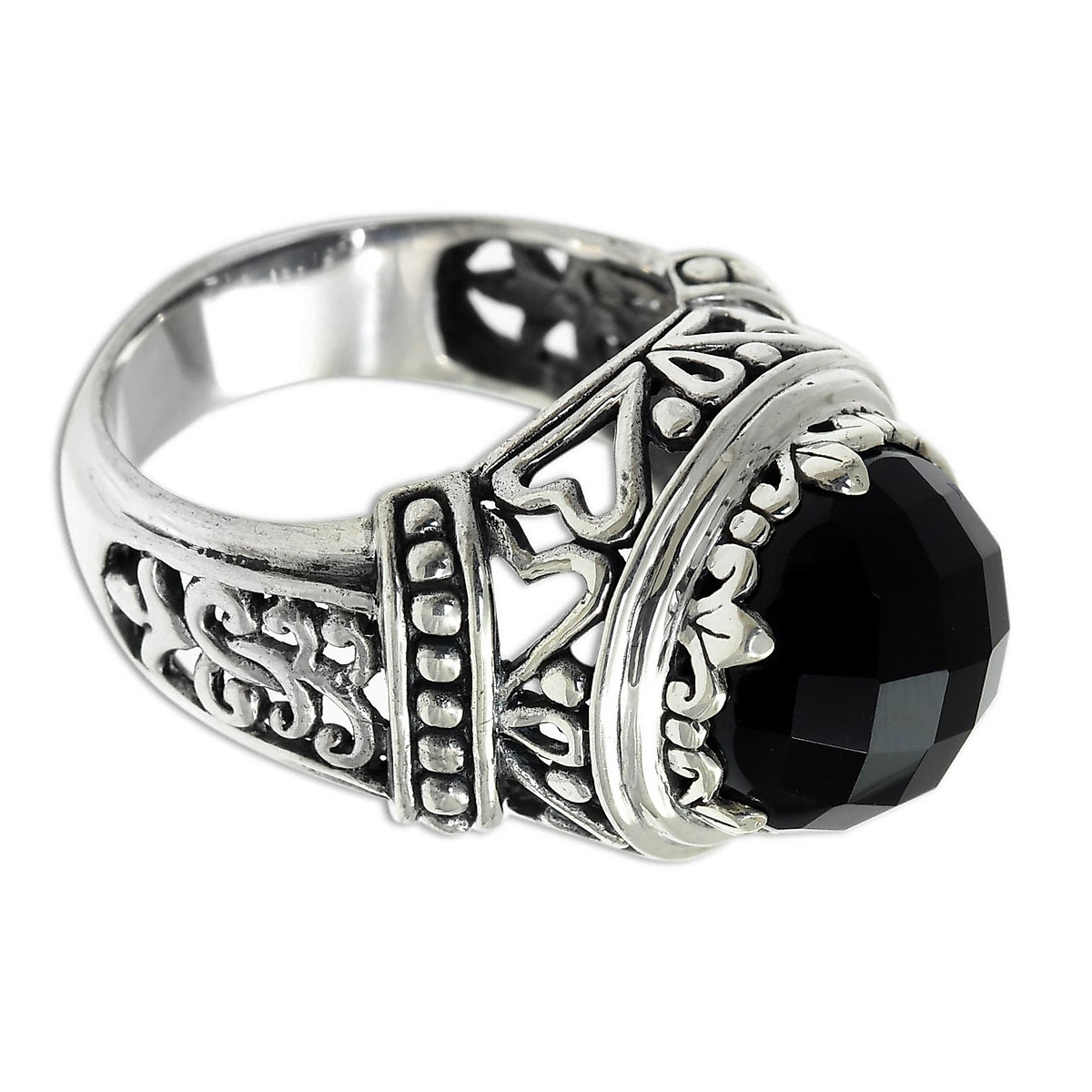 NOVICA Artisan Handmade .925 Sterling Silver Onyx Cocktail Ring Silver from Bali Sterling Single Stone Indonesia Birthstone 'Midnight Queen'