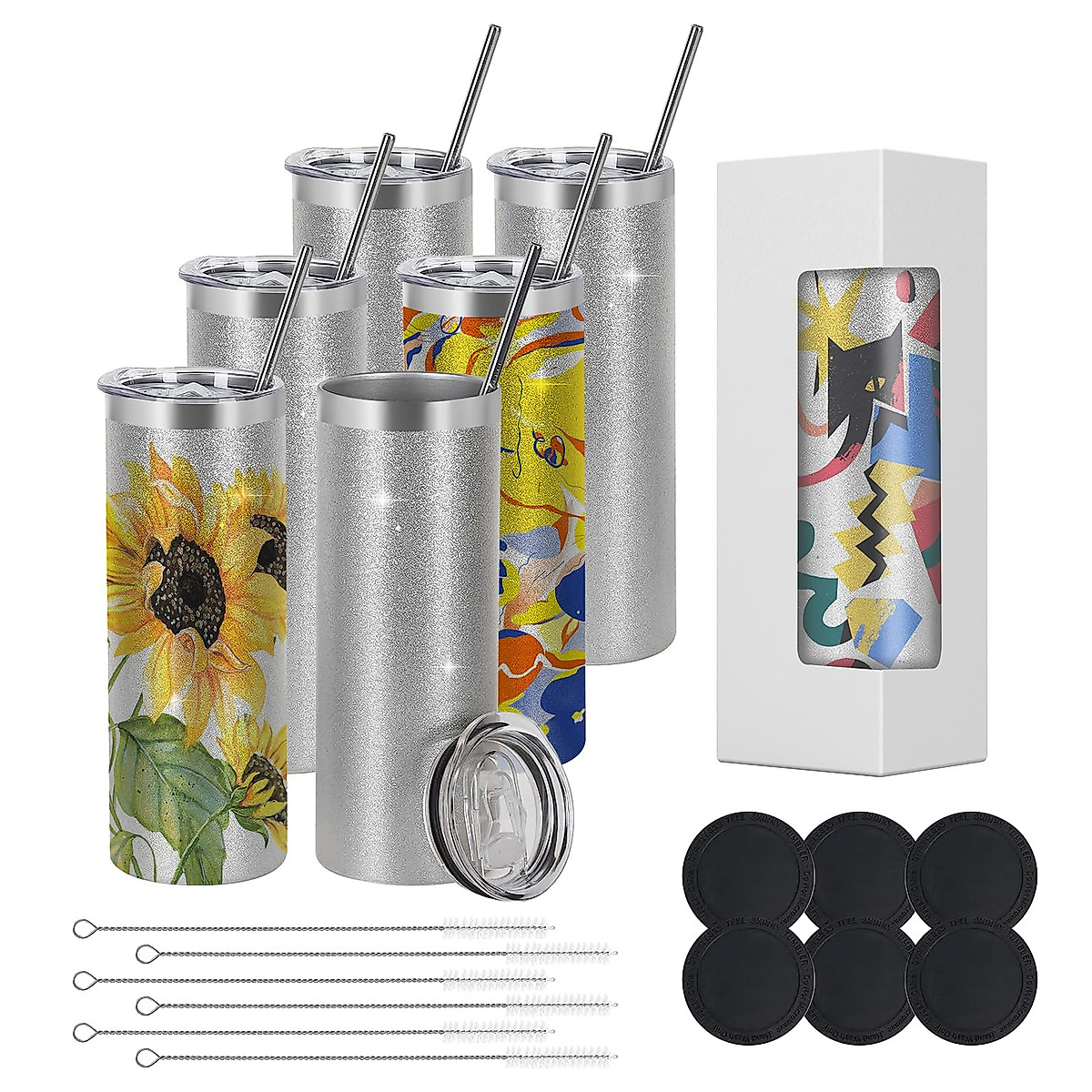 BetterSub 6 Pcs 20oz Sublimation Blanks Tumblers Glitter Silver Skinny Straight, Double Wall Insulated Stainless Steel Sublimation Cups with Lid, Metal Straw, Brush, Display Box