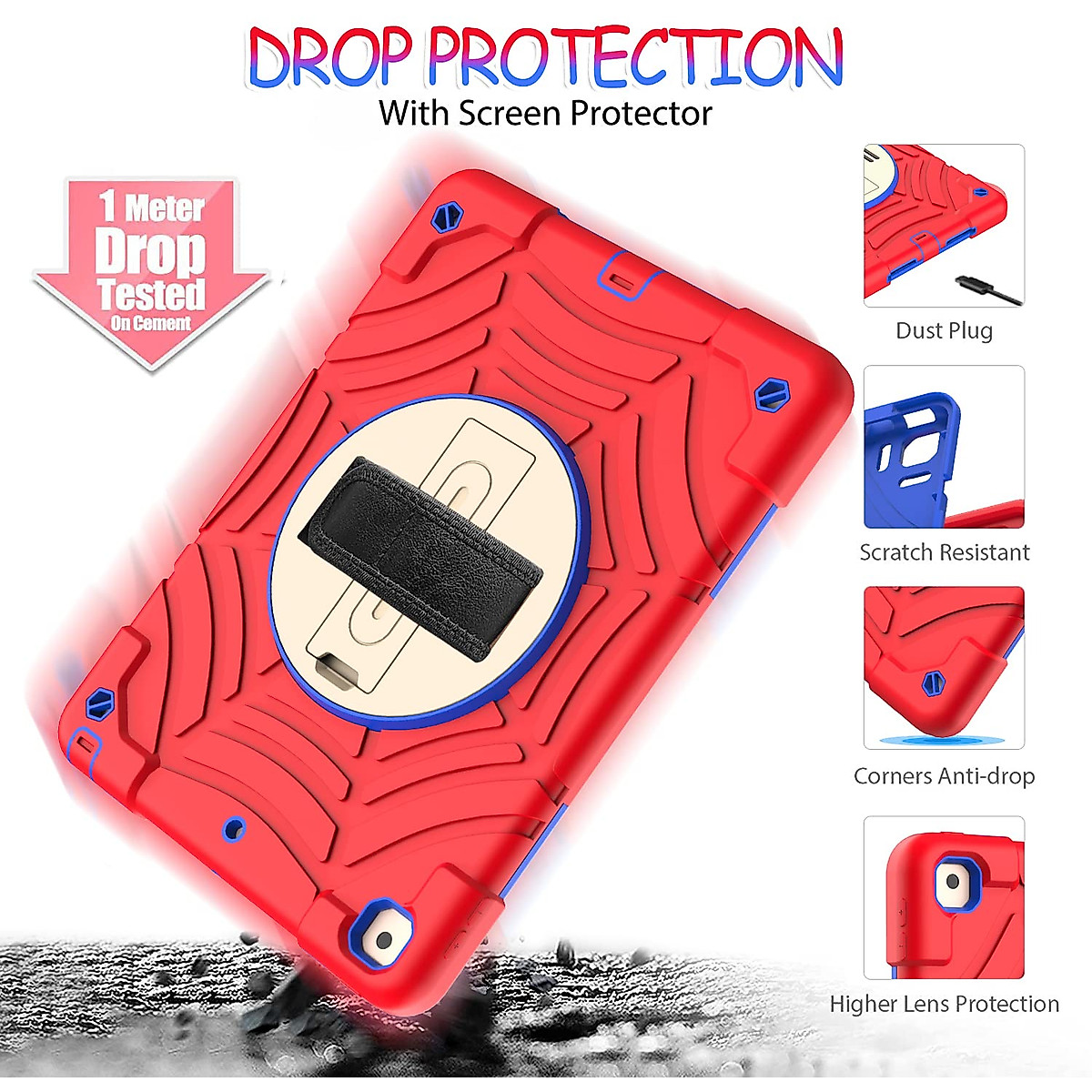 BMOUO Case for iPad 9th/8th/7th Generation - 10.2 Inch 2021/2020/2019 with Screen Protector, 360 Rotating Stand Hand & Shoulder Strap Shockproof Kids Case for iPad 9/8/7 Gen, Red