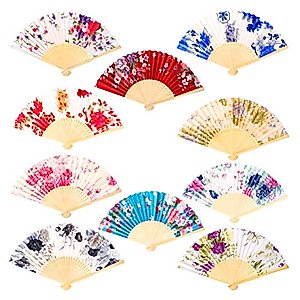 Yiphates 10 Pcs Hand Held Folding Fan, Summer Vintage Bamboo Folding Fan, Women Craft Silk Fan with Bamboo Frame, for Dancing Wedding DIY Home Decoration, Mixed Color