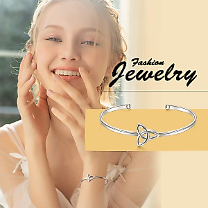 FLYOW Irish Jewelry Cuff Bangle for Women, Sterling Silver Celtic Knot Bracelet Birthday Gift for Wife Girlfriend Best Friend Sister Mom