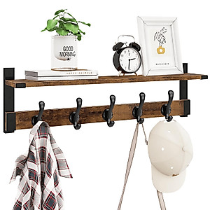 Homode Coat Rack Wall Mount, 29 Inch Long Shelf with Hooks, Wood Entryway Shelf with 5 Hangers for Hanging Hat Jacket Backpack Purse, Rustic Brown Black