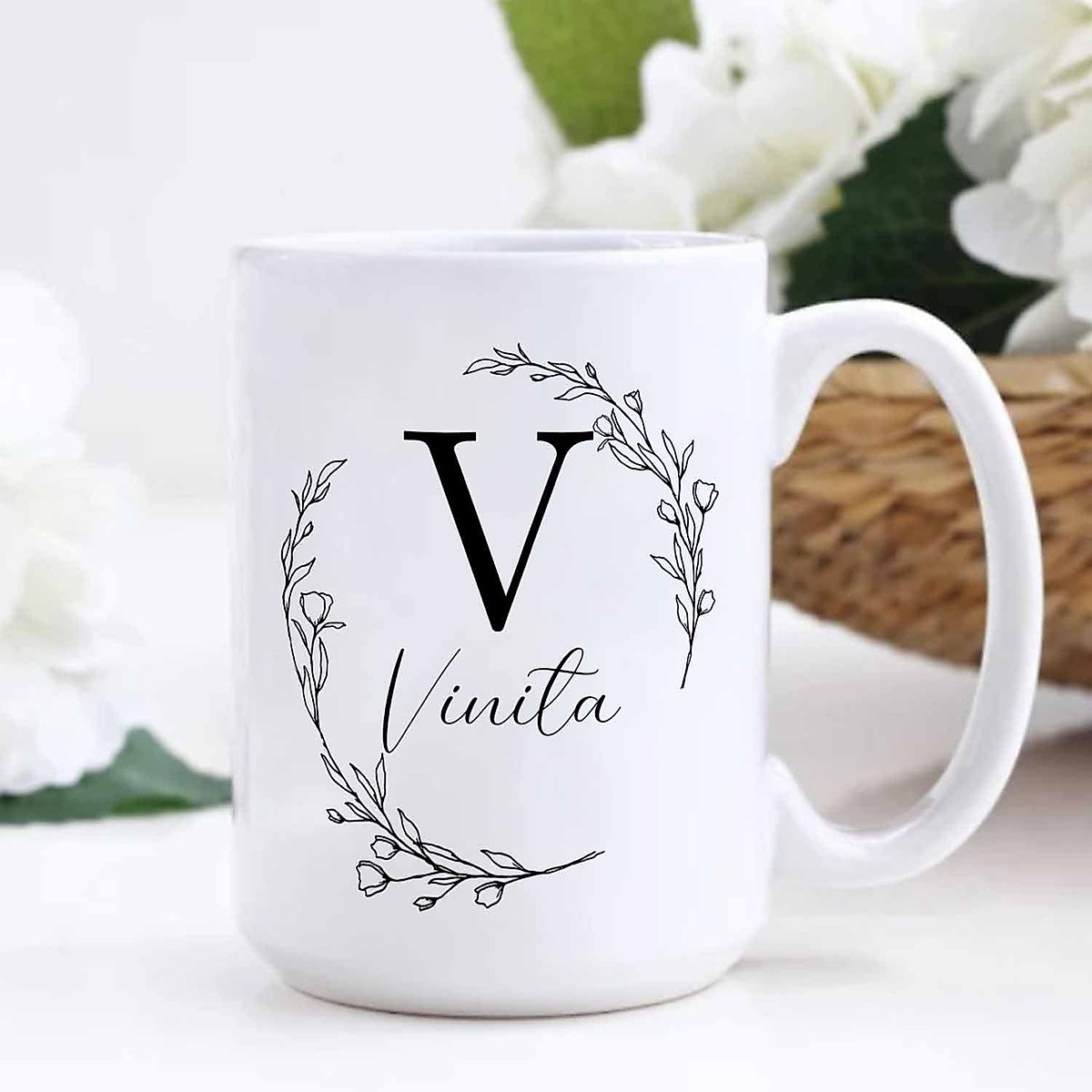 Personalized Name & Initial Letter Monogram Floral Alphabet White Coffee Mug Cup 11 15 Oz, Alphabet Accent Cup, Vintage Initial Monogram Travel Mug Gift For Men Women,Custom Name Initial Alphabet Mug