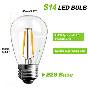 ROMANJOY LED Light Bulbs, 11-15W Equivalent Incandescent Bulbs Replacement, Waterproof Bulbs for Outdoor Patio String Lights, Vintage Edison LED Filament Bulb (S14-2W-E26-15Pack, 2200K Warm White)