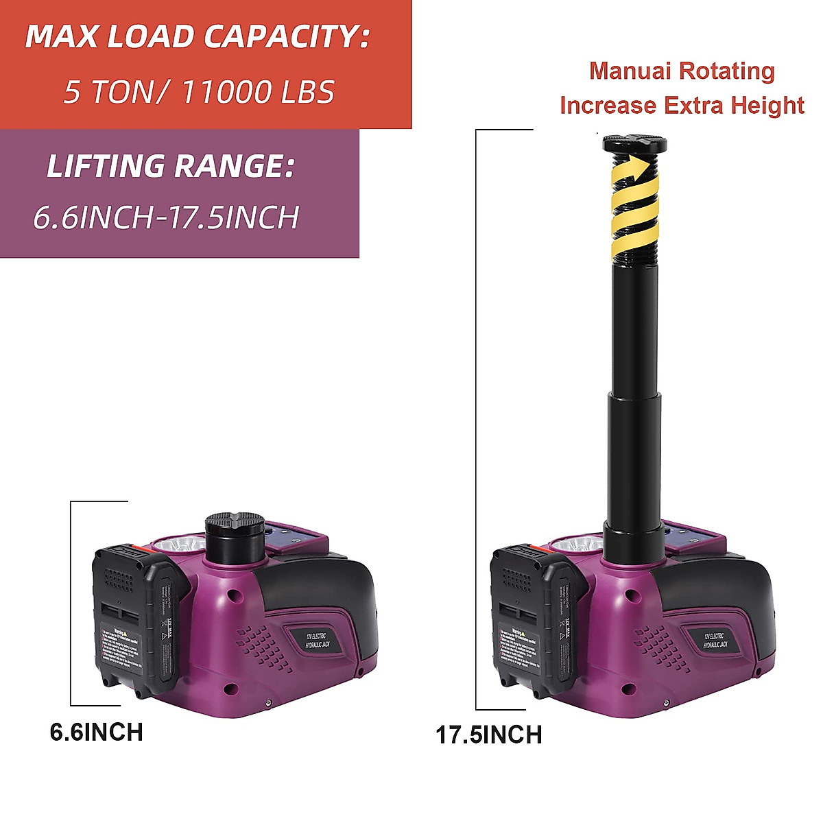 TYAYT Electric Car Jack Kit, 5 Ton Cordless Hydraulic Car Jack, 12V Portable Car Jack with LED Light for SUV MPV Sedan, Lifting Range 6.6 to 17.5 Inch（Purple）