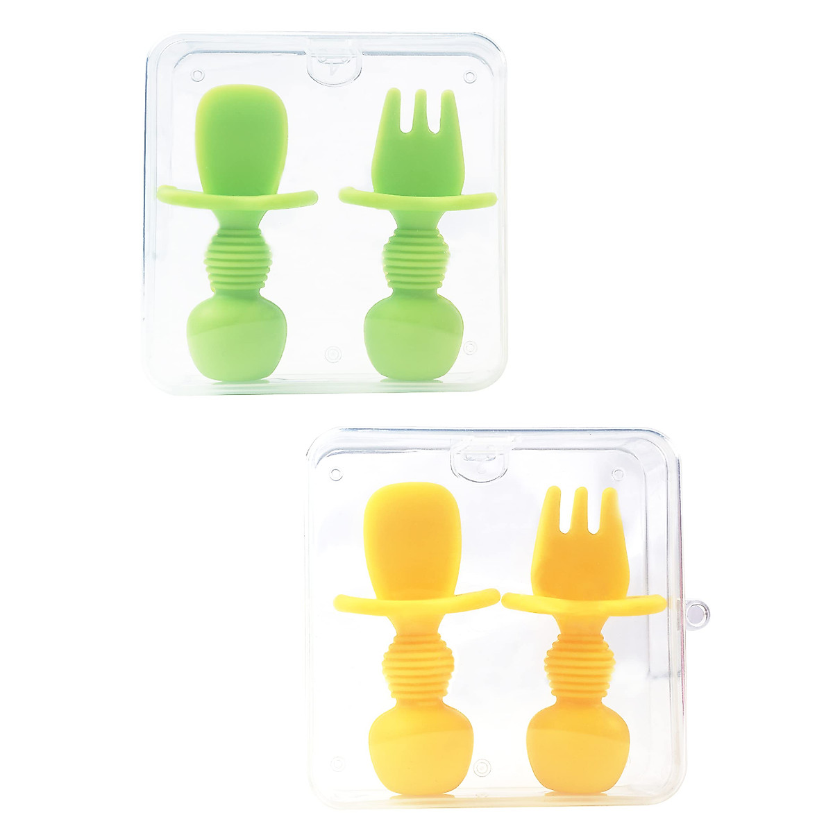 4 Pcs Baby Spoons Self Feeding 6 Months, Silicone Baby Spoons First Stage, Toddler Utensils for Baby Led Weaning with 2 Cases (Yellow, Green)