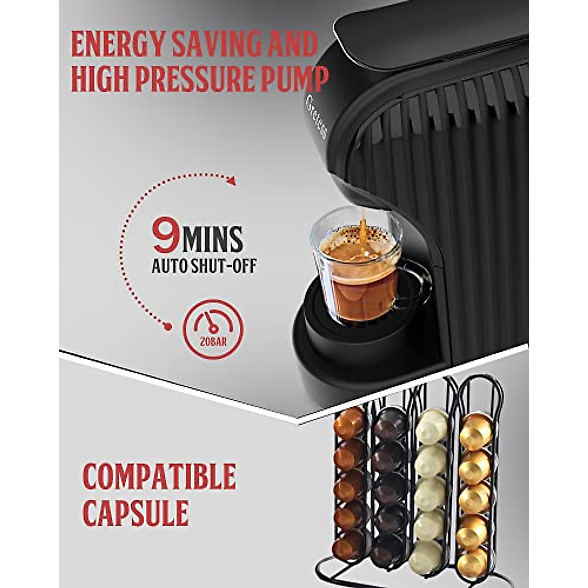 Gretess Espresso Machine, Coffee Machine Programmable Buttons for Espresso and Lungo, Capsule Coffee Maker, Italian 20 Bar High Pressure Pump, 34 Oz Water Tank, Black, OPT-07MB