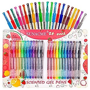 Fruity Scented Gel Pens, Sunacme Sweet Scented Glitter Gel Pens, Cute School Supplies for Coloring, Journaling, Drawing, Note Taking - 24 Pack Gift Idea