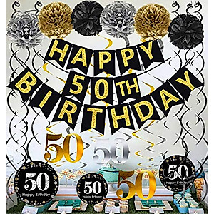 Famoby Black & Gold Glittery Happy 50th Birthday Banner,Poms,Sparkling 50 Hanging Swirls Kit for 50th Birthday Party 50th Anniversary Decorations Supplies