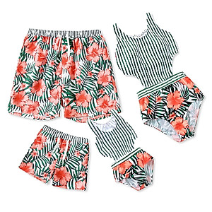 IFFEI Family Matching Mommy and Me Swimsuits Floral Printed Cutout Womens One Piece Bathing Suit Tummy Control Swimwear Red Men: L