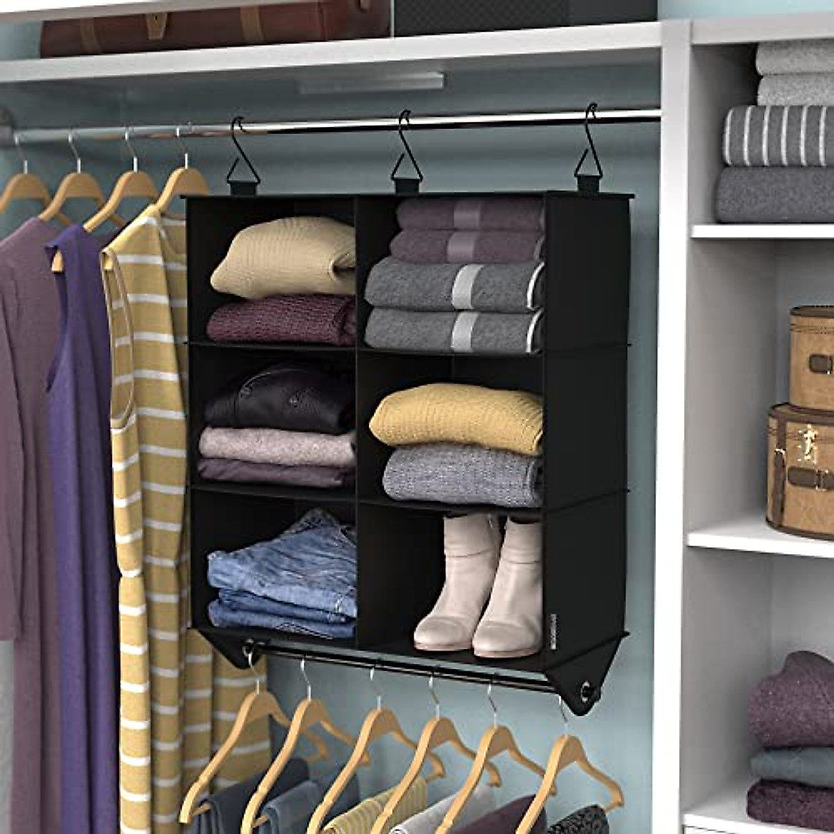 ClosetMaid 6-Shelf Fabric Hanging Closet Organizer with Garment Rod for Shirts, Sweaters, Pants, Hats, Shoes, Purses with Charcoal Black Finish