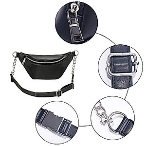BigBigMe Fanny Pack for Women, Fashion Leather Waist Bag Belt Bag with Adjustable Strap Crossbody bag Chest Bag Phone Purse with Metalic Chain, Gifts for Women, Black