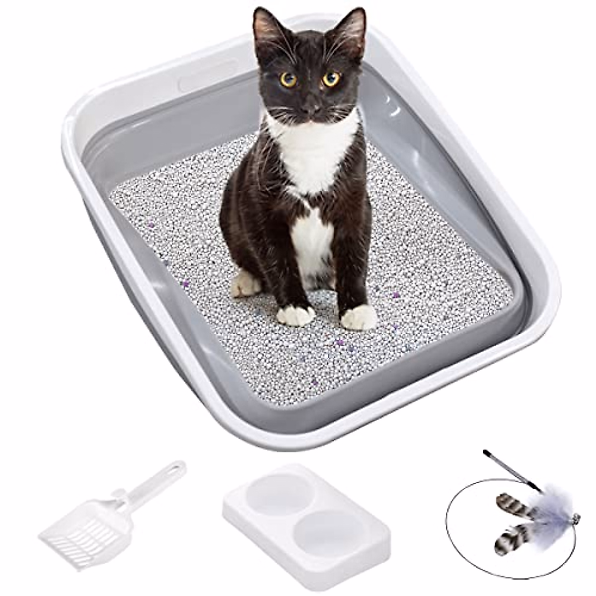 KAQUMAO Senior Cat Litter Box Set, Include Low Entry Senior Cat Litter Box, Low Profile Double Food Bowl, Senior Cat Wand Toy, Cat Litter Scoop (Milky White)
