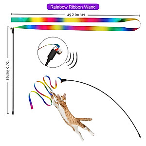 Atosun Cat Toys, 2PCS Retractable Cat Feather Toys, 10PCS Replacement Teaser Refill, 1PC Rainbow Ribbon Wand Interactive Kitten Toys for Indoor Cat Make Exercise
