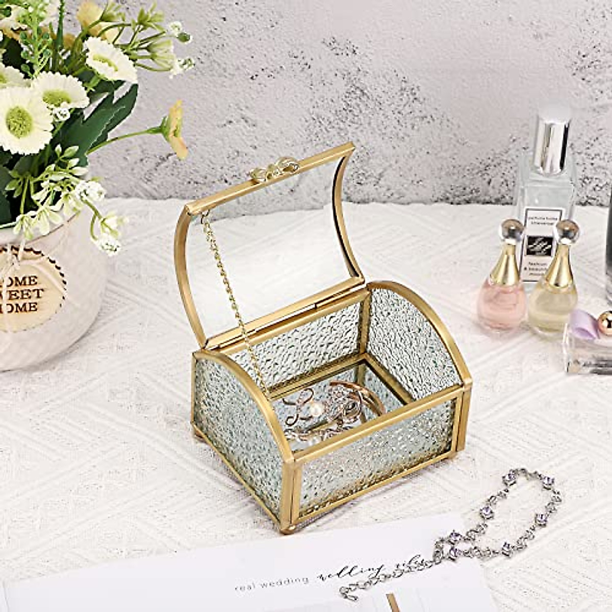 ELLDOO Gold Vintage Glass Jewelry Box with Clear Lid Diamond Pattern Treasure Chest Box Rectangle Keepsake Box Trinket Box, Small Size
