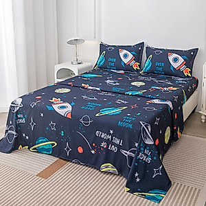 Megamayga Space Sheets Twin Size for Boys Kids 4 Pieces Outer Space Bed Sheets 3D Space Rocket Planets Bedding Set for Teens Boys Space Theme Bedding Set with 1 Fitted Sheet 1 Flat Sheet 2 Pillowcases