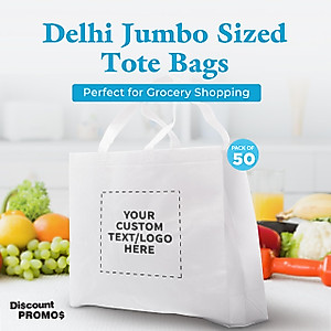 DISCOUNT PROMOS Custom Jumbo Sized Tote Bags Set of 50, Personalized Bulk Pack - Reusable Grocery Bags, Shopping Bags, Promotional Item Totes for Women - White