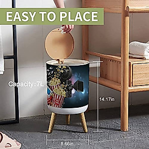 Small Trash Can with Lid Illustration for the film industry Popcorn camera glasses tickets and Garbage Bin Round Waste Bin Press Cover Dog Proof Wastebasket for Kitchen Bathroom Living Room 1.8 Gallon