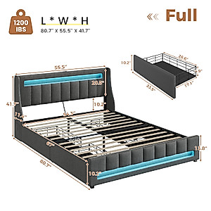 UPOSOJA Upholstered Full Size Bed Frame with 4 Storage Drawers,RGB LED Light,Charging Station,Slat Support,No Box Spring Needed,Noise-Free,Easy Assembly,Dark Grey