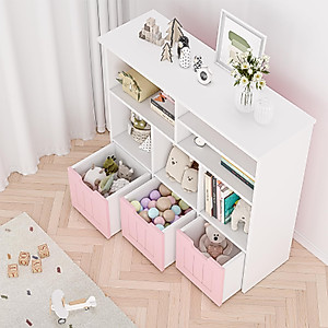 GarveeHome Toy Storage Organizer Kids Bookcase with 3 Movable Drawers Toy Storage Cabinet with Hidden Wheels Multifunctional Storage Chest for Playroom,Nursery and Bedroom, Pink